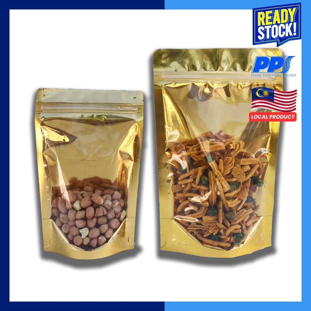 50pcs Shining Gold Metalised Bag With Ziplock and Stand Pouch One Side ...