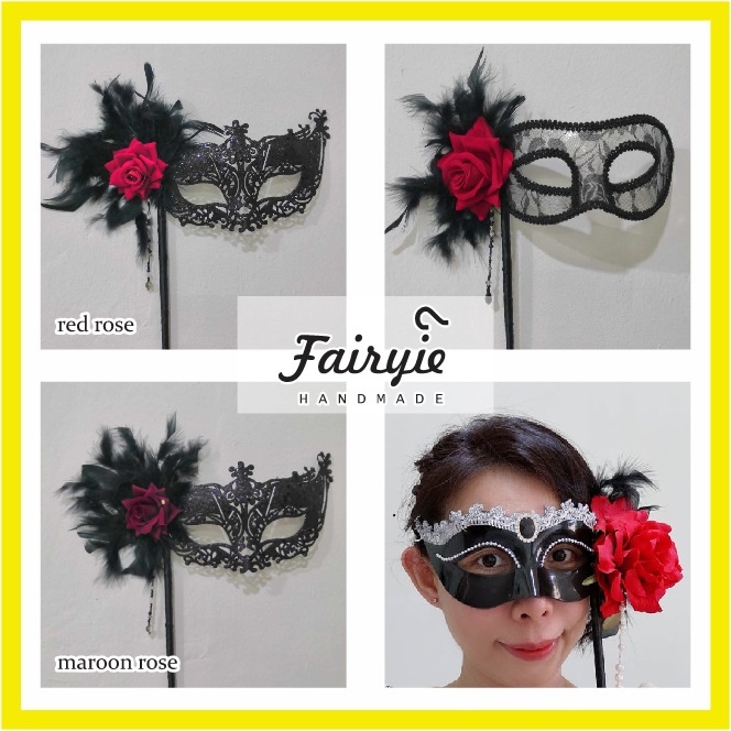 Red Rose masquerade mask with Stick Maroon Rose Masquerade Mask Black ...