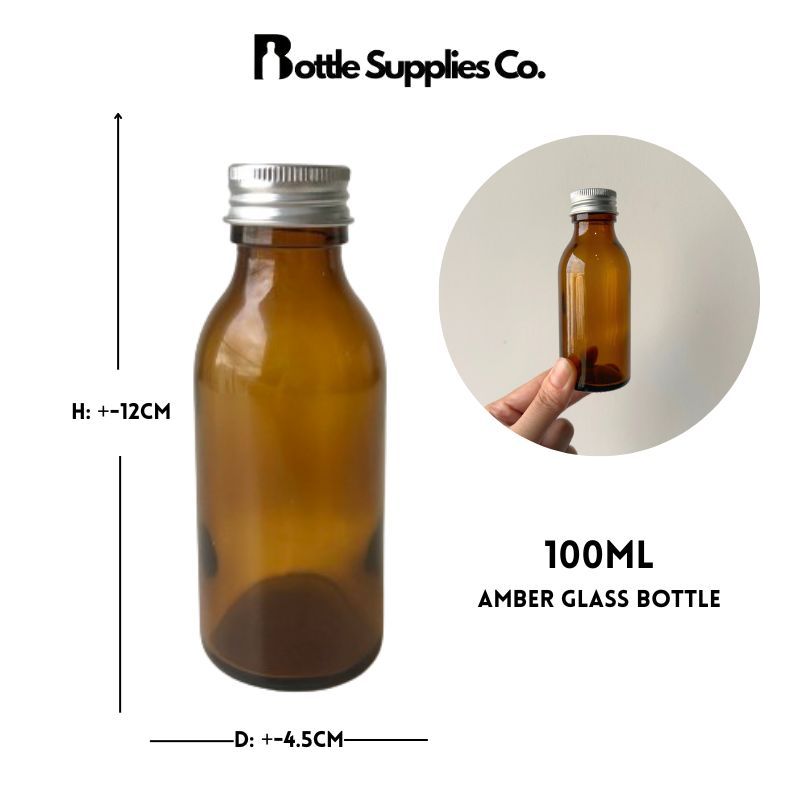 100ml Amber Glass Bottle with Aluminum Silver Cap and Insert/ Small ...