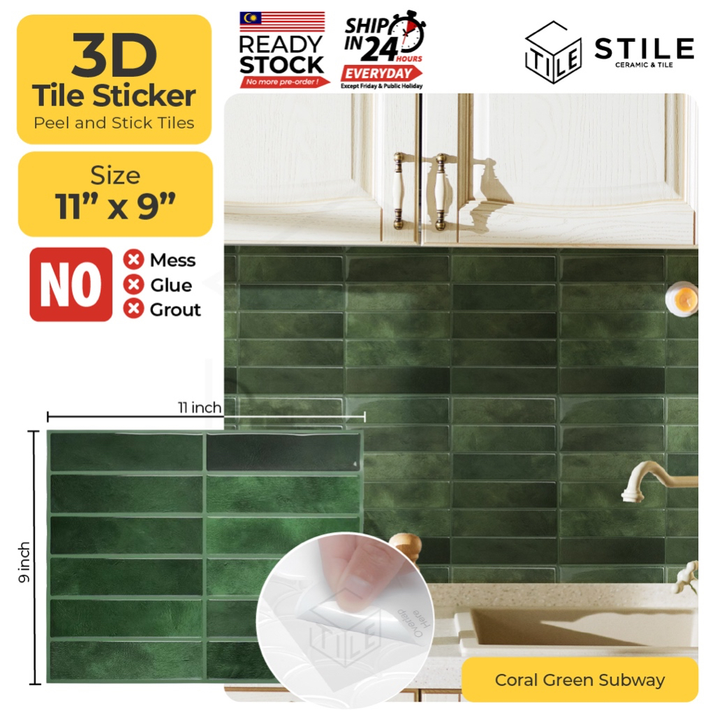 Coral Green Subway 3D Tiles Sticker Kitchen Bathroom Wall Tiles Sticker ...