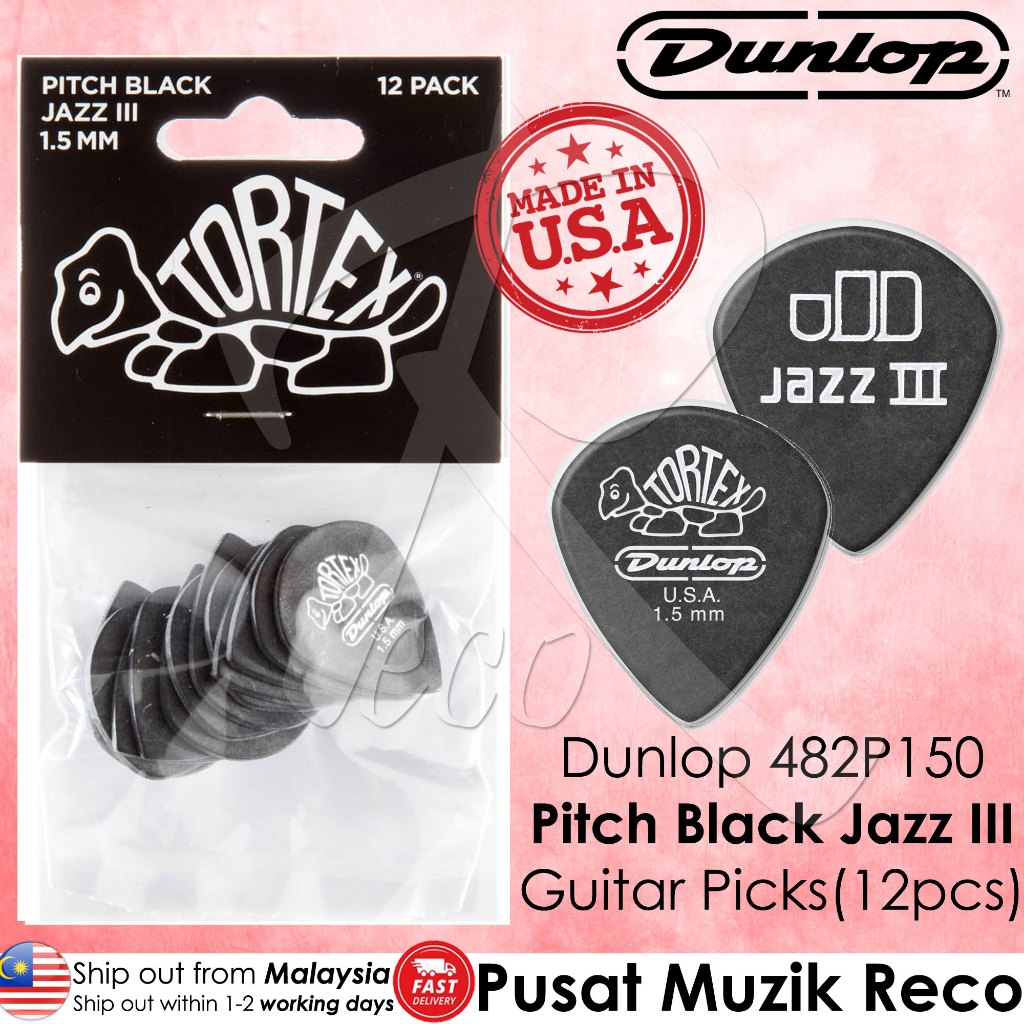 Dunlop 482P150 Pitch Black Jazz 3 Jazz III Guitar Pick 1.50mm Guitar ...