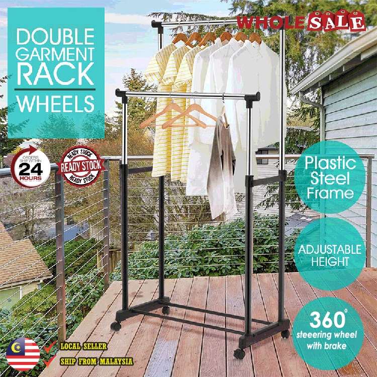 Adjustable Single Double Pole Clothes Rack Garment Hanging Rail Wheels ...
