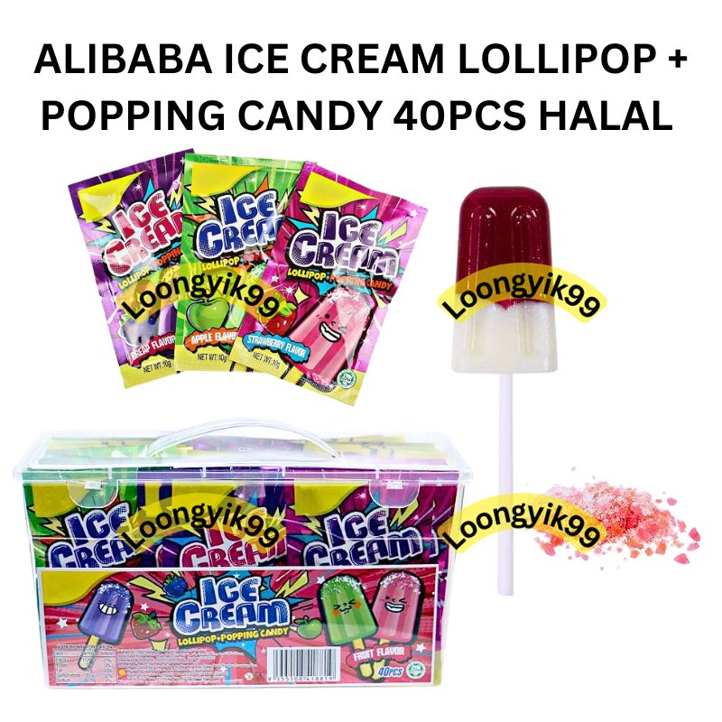 ALIBABA ICE CREAM LOLLIPOP + POPPING CANDY 40PCS HALAL FRUIT FLAVOR ...