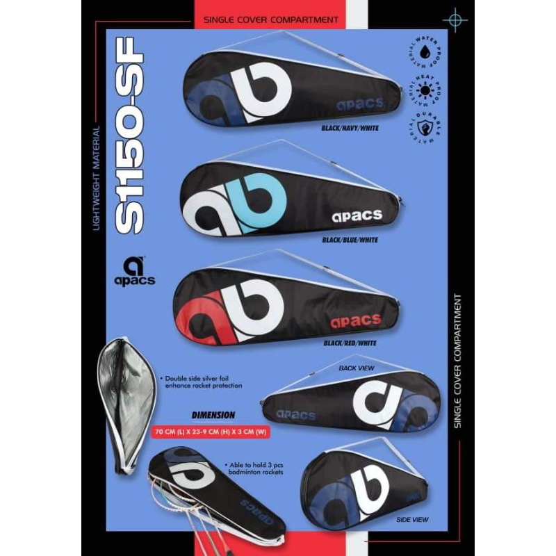 APACS SINGLE COMPARTMENT BADMINTON RACQUET COVERBAG S1150-SF RAKET ...