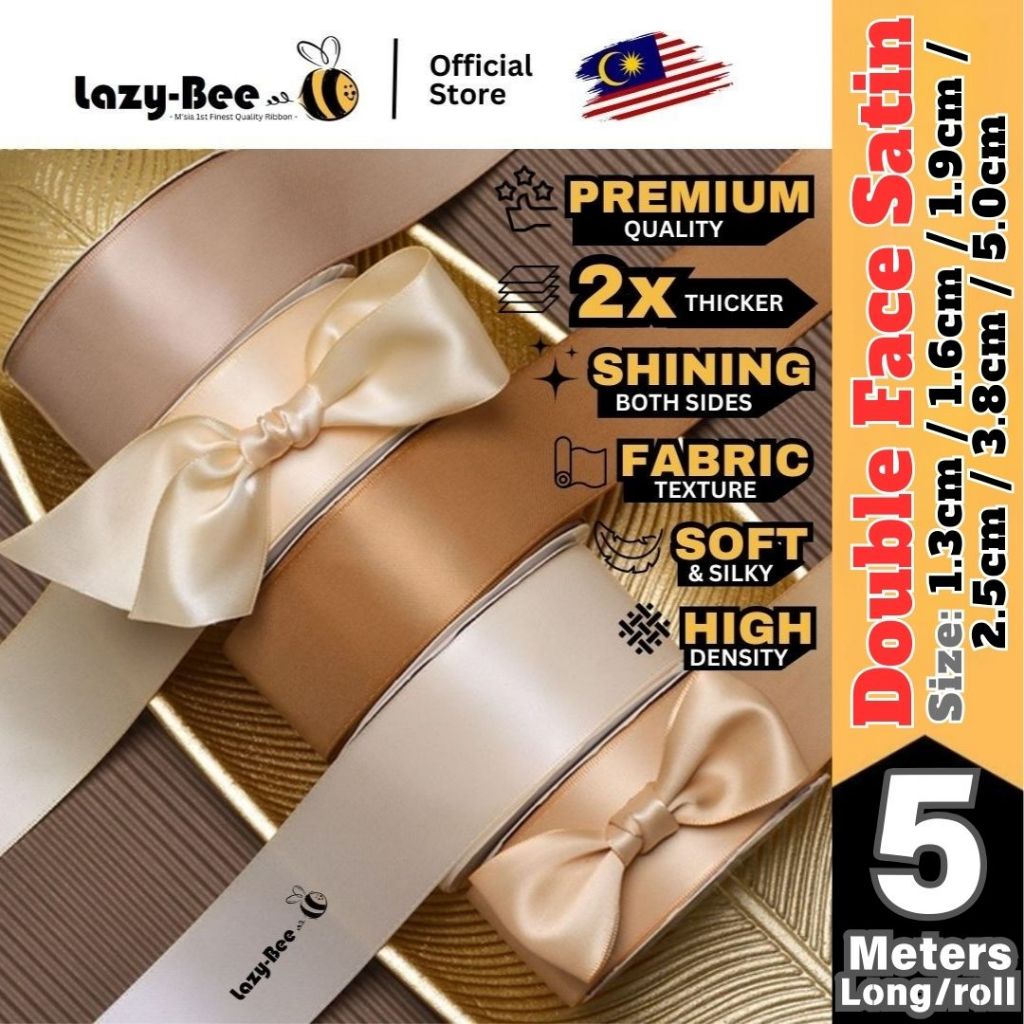IVORY CREAM BROWN 5Meter 2.5cm 3.8cm 5cm Premium Quality Double Face Satin Ribbon DIY Craft ...