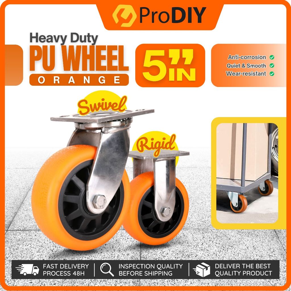 5 in / 125mm Professional Heavy Duty Caster PU Wheel Swivel Rigid Wheel ...
