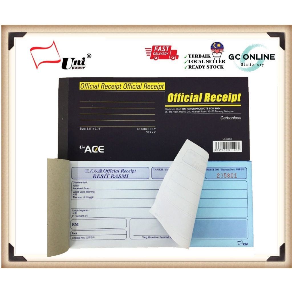 Uni Ace NCR Official Receipt Book 50x2Ply 8.5"x3.75" (Numbering ...