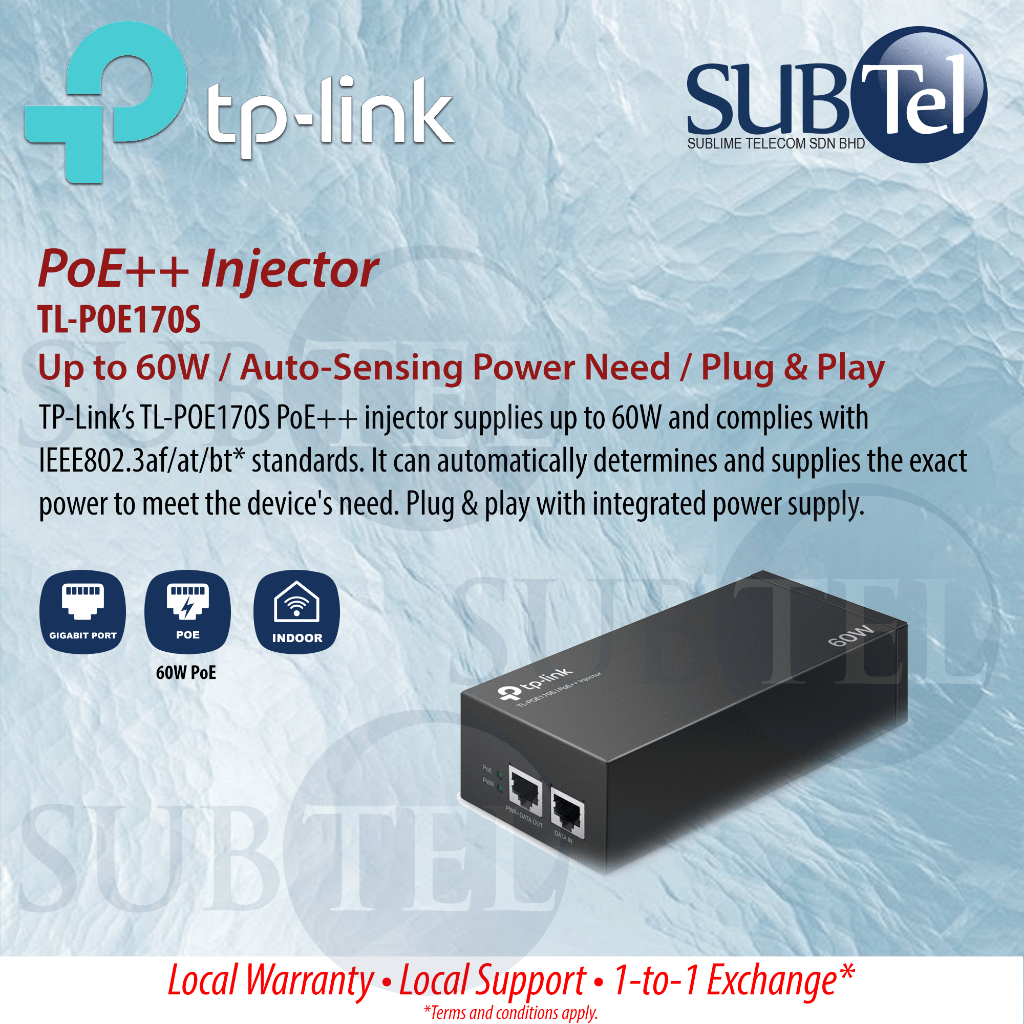 TP-Link PoE++ Injector TL-POE170S 60W Auto-sensing Power Plug & Play ...