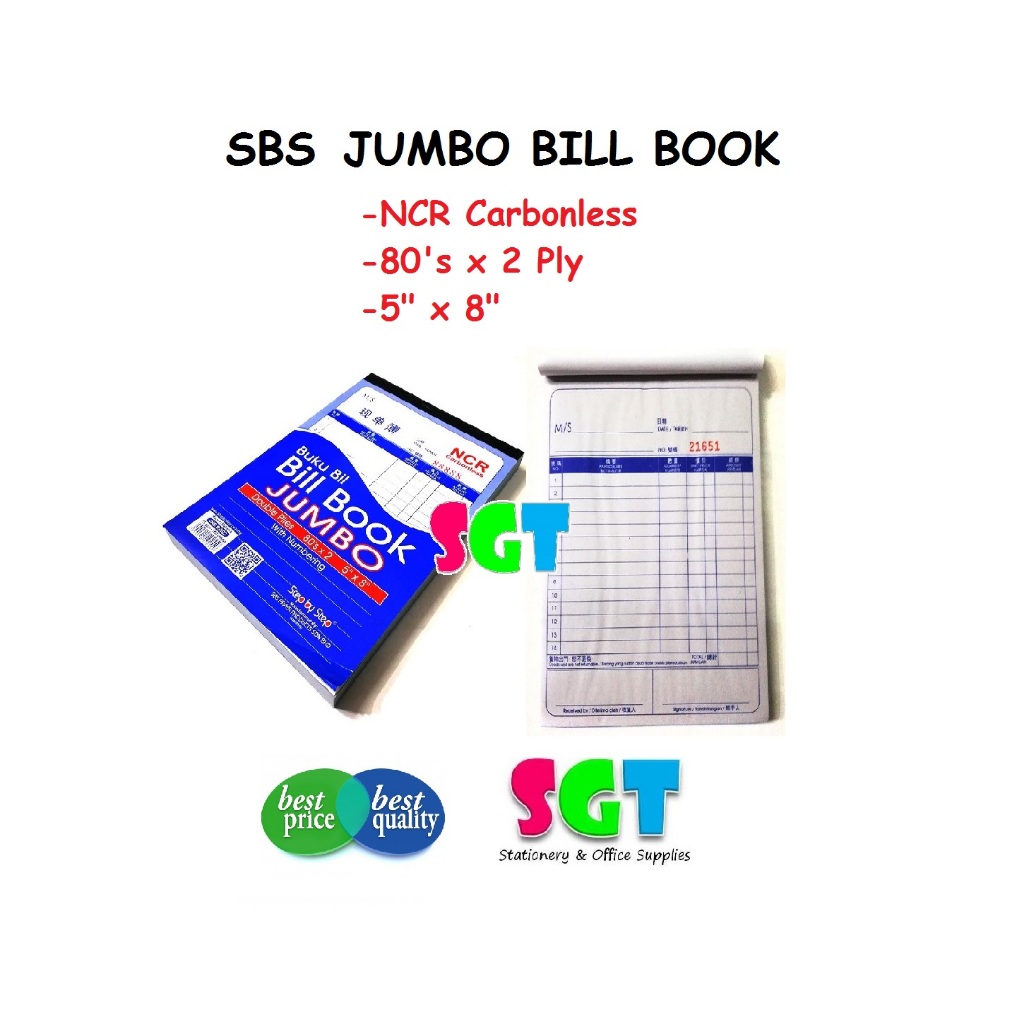 SBS 5'' x 8'' NCR Jumbo Bill Book 80`s x 2 Ply (JNB85802) 1 PC ONLY ...