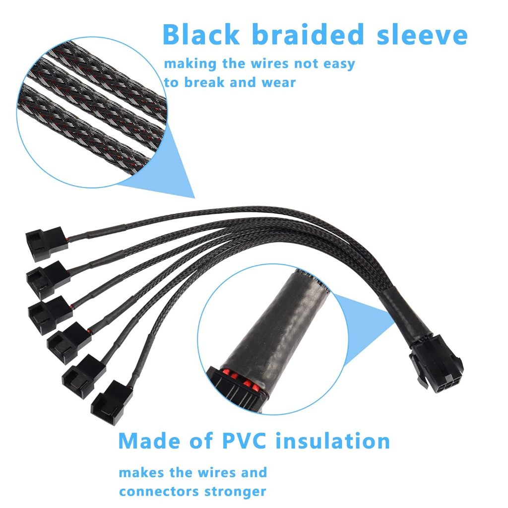26cm 6 Pin PCI-E to 6 x 3pin 4Pin PC Case Fan Sleeved Adapter Cable ...