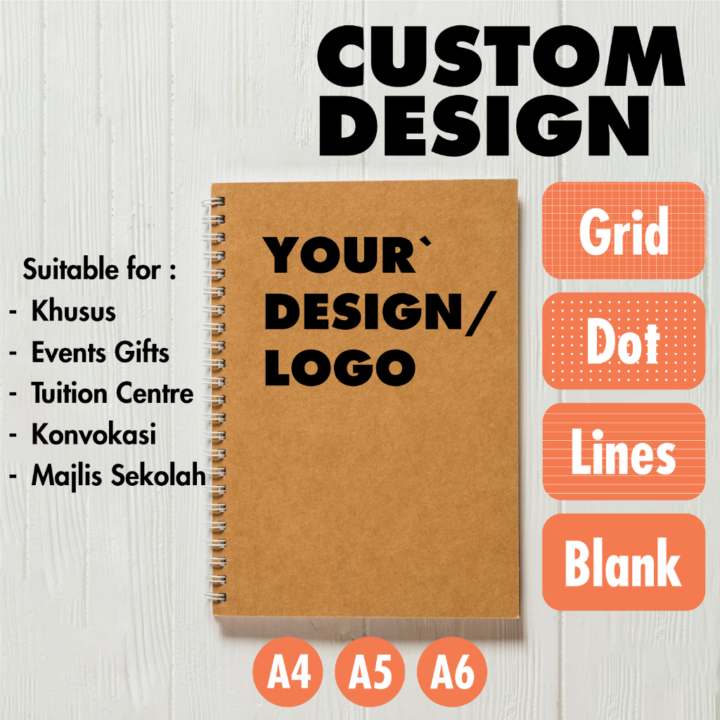 CUSTOM PRINT Kraft Notebook Buku Nota A4 - A5 - A6 Size Wire-O Grid ...