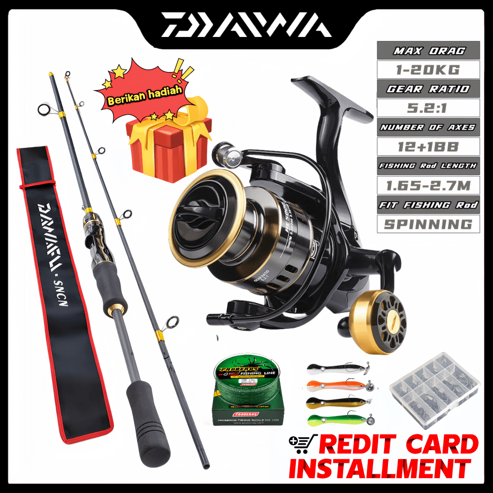 Daiwa Carbon Fishing Rod Fishing Reel Line Lure Full Set 5.2:1 Metal Spool (Max Drag 15kg/1.6M-2 ...