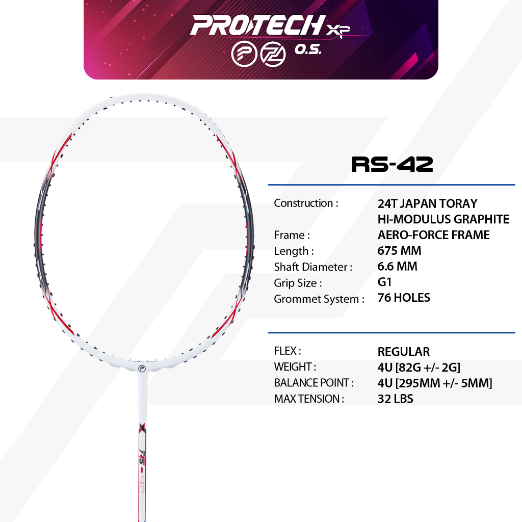 PROTECH Badminton Racket - RS42 (4UG1)(MAX 32LBS)(FREE String + Grip ...
