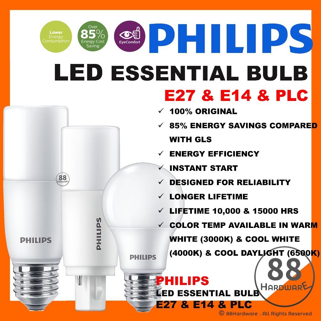 PHILIPS 5W/7W/9W/11W/13W / E27 / E14 / ESSENTIAL LED BULB/STICK BULB/PLC 2 PIN BULB/LAMPU BULB ...