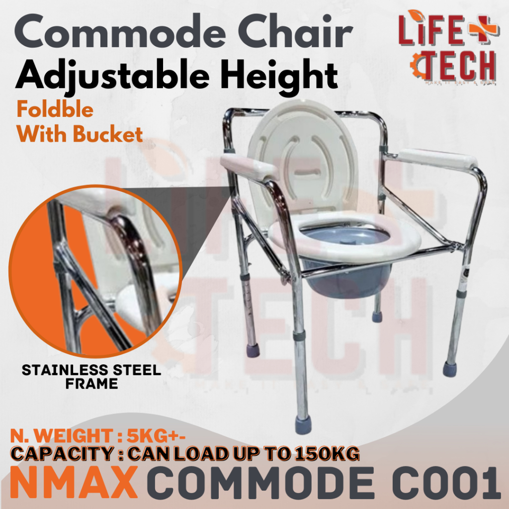 Foldable Commode Chair Toilet with Bucket 5 level Height Adjustable 2 ...