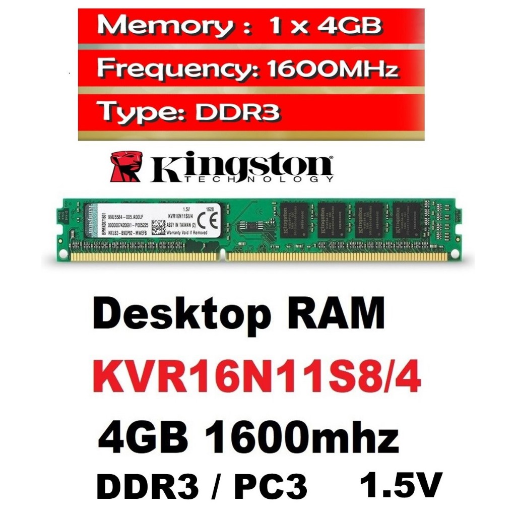 Kingston 4GB DDR3 / PC3 1600Mhz Desktop Value Ram (KVR16N11S8/4 ...