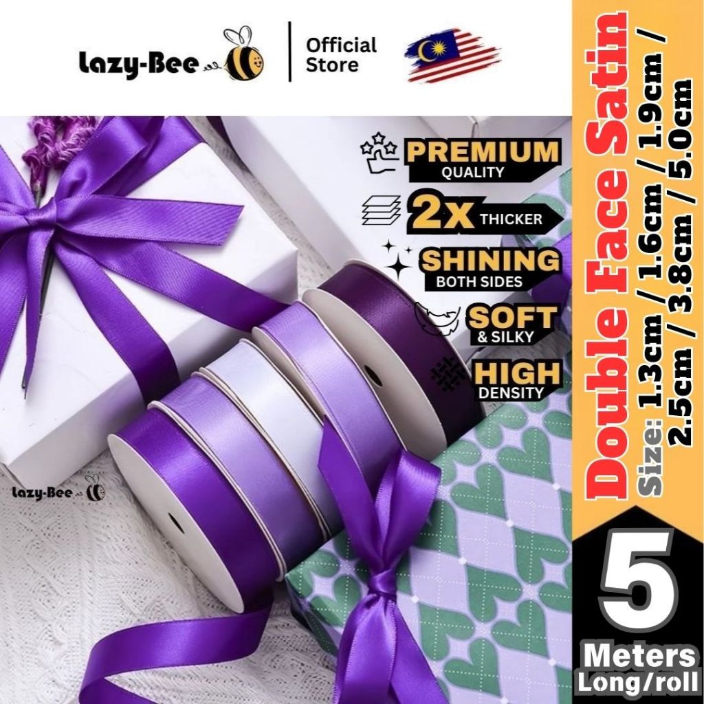 LAZY BEE Purple Ungu 5 Meters Premium Double Faced Satin Ribbon Wedding ...