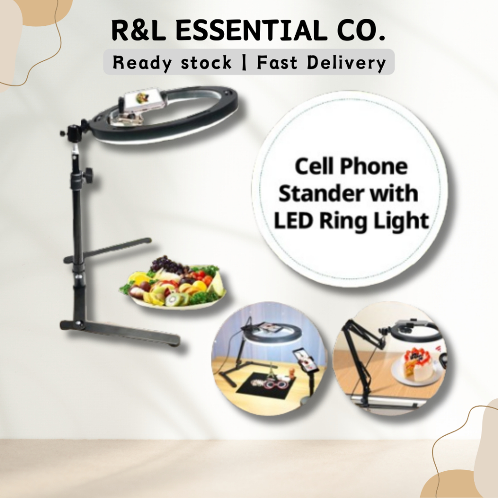 Cell Phone Stander With LED Ring Light Long Arm Stand Selfie Food ...