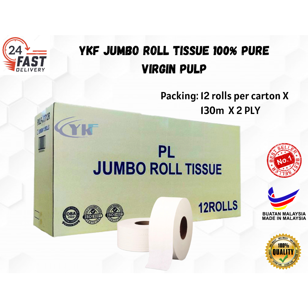 100% Pure Virgin Pulp Jumbo Roll Tissue 12 Rolls per carton 2PLY (130m ...