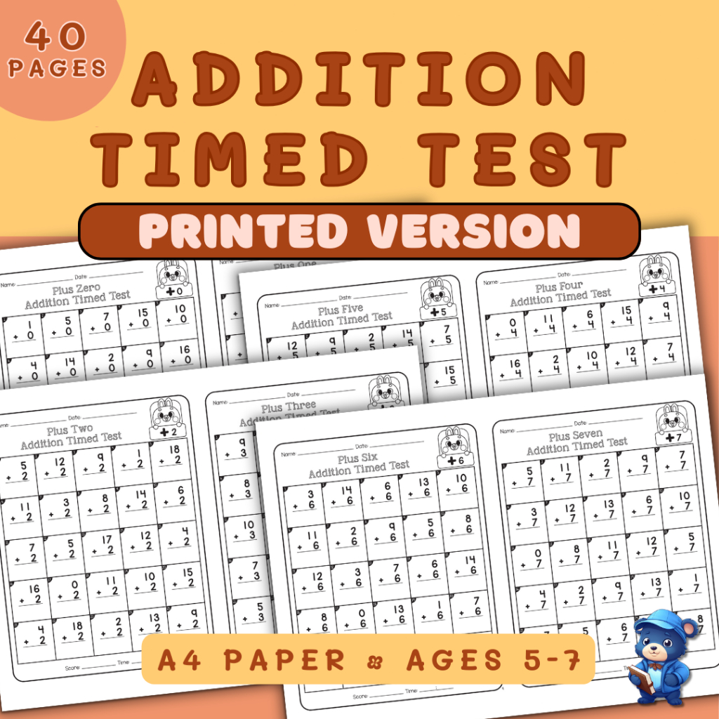 Addition Timed Test for Kids Aged 5 to 7 Printed Mathematics Exercises ...