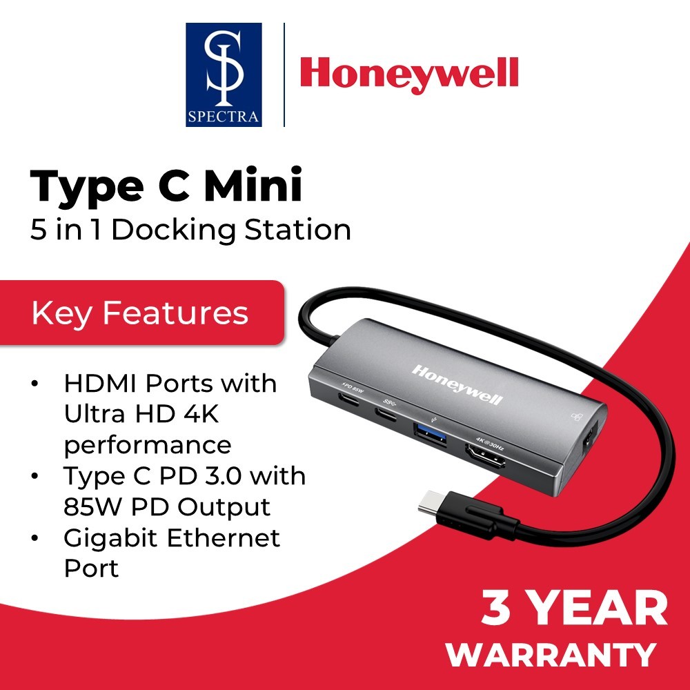 Honeywell 5 in 1 Mini Docking Station with HDMI / Type C PD 3.0 with ...