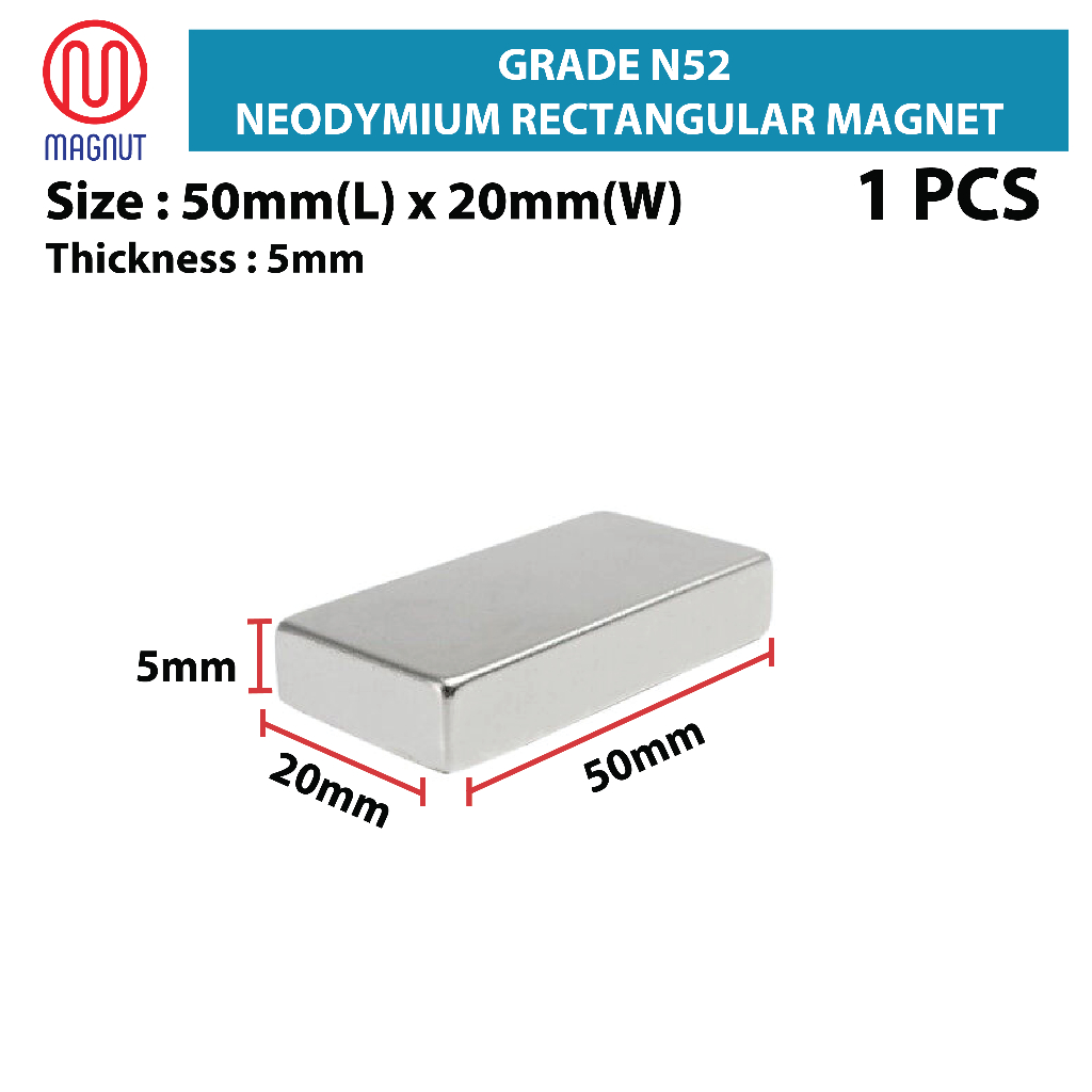 1pcs - Grade N52 Size : 50mm(L) x 20mm(W) x 5mm(T) Neodymium Rectangular Magnet | Shopee Philippines
