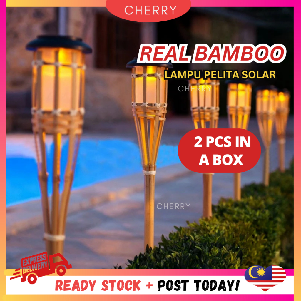 CHERRY 2PCS Lampu Pelita Raya LED Solar Bamboo Torch Light Flame Light ...