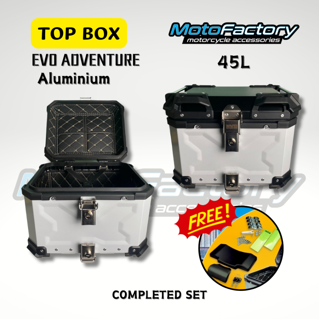 EVO ADVENTURE Motorcycle Aluminium Top Box 35L TANKER SILVER BLACK ...
