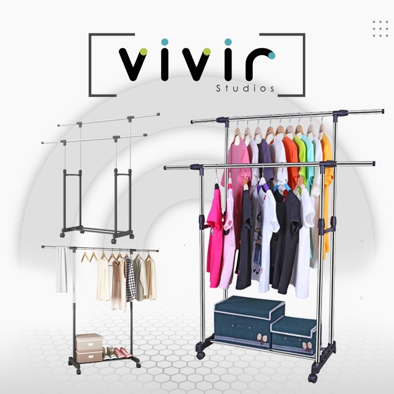 VIVIR Adjustable Clothes Rack Height Pole Drying Cloth Rack Garment ...