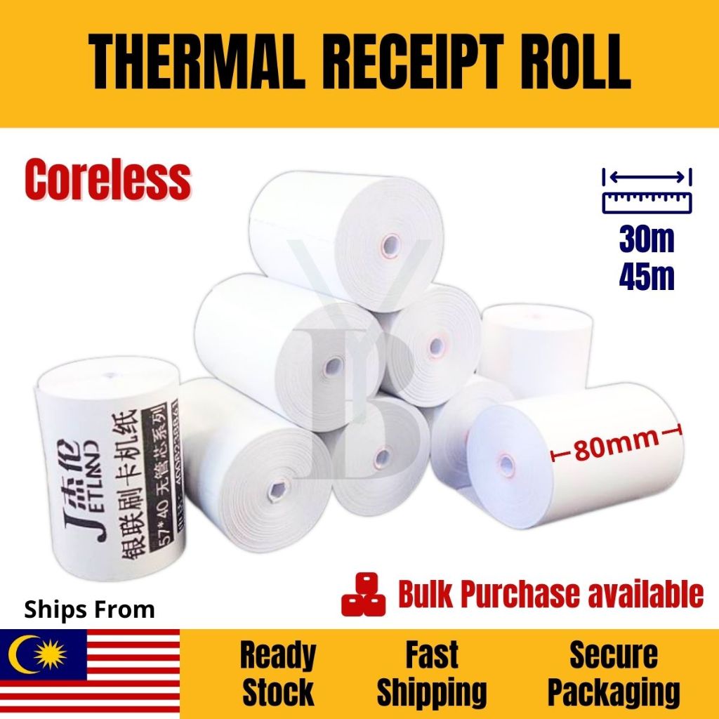 Coreless Thermal Receipt Roll 80mm x 30m/80mm x 45m /收银纸 /Cashier ...