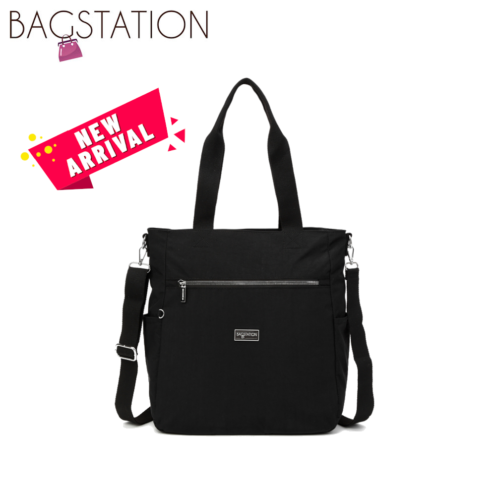 BAGSTATION Metallic Series Crinkle Nylon Convertible Tote Bag (Black ...