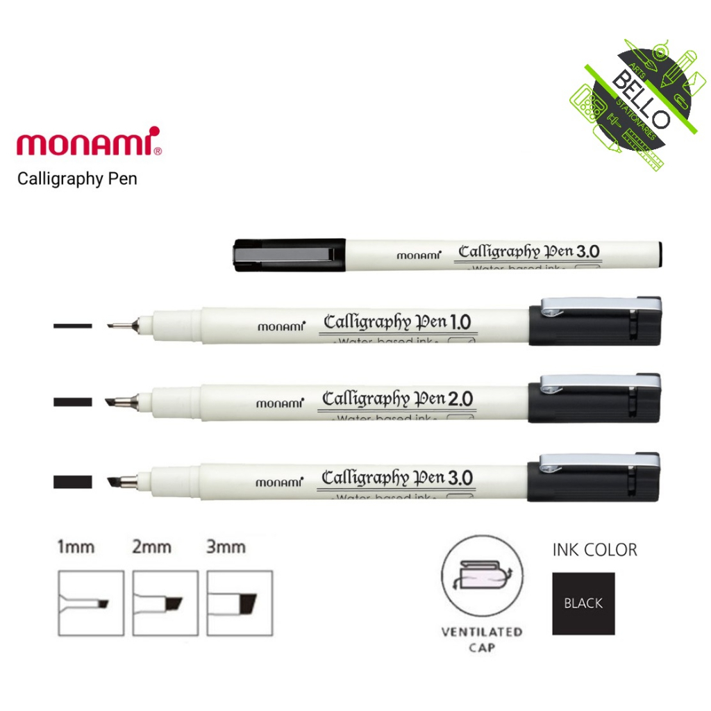 Monami Calligraphy Pen Black Ink Chisel Tip 1.0MM, 2.0MM, 3.0MM ...