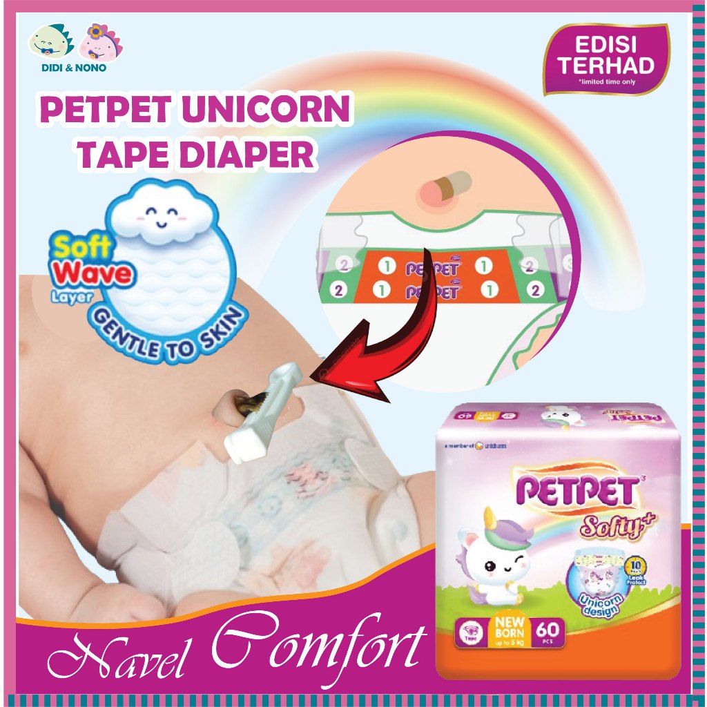 UNICORN PETPET SOFTY+ TAPE NEW BORN DIAPERS (NB 60pcs) Lampin Pakai ...
