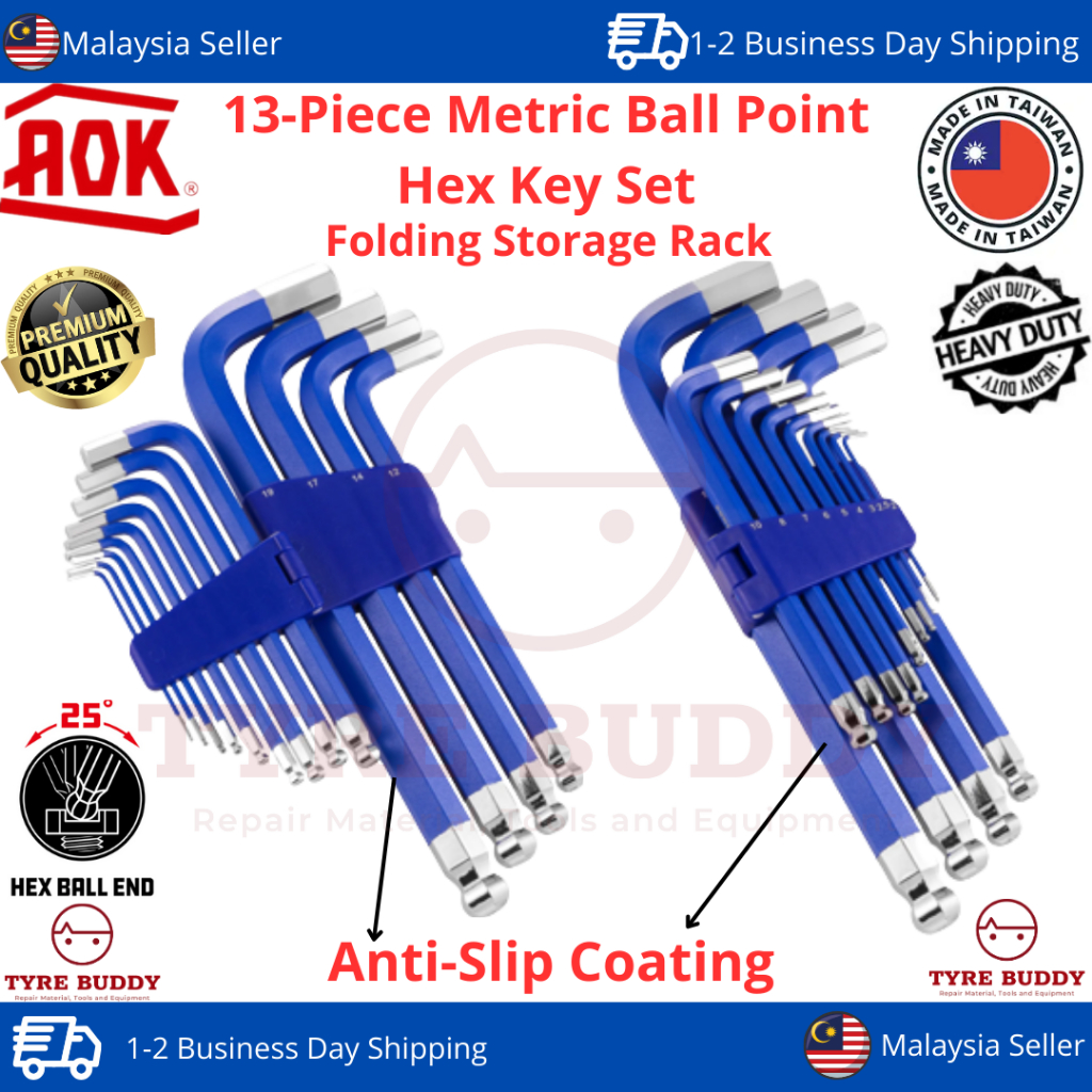 13-Piece Metric Ball Point Hex Key Set AOK (Made In Taiwan), Heavy Duty ...