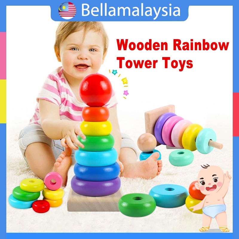 Bella Rainbow Tower Wooden Toys Sorting Stacking Rings Building Puzzles ...