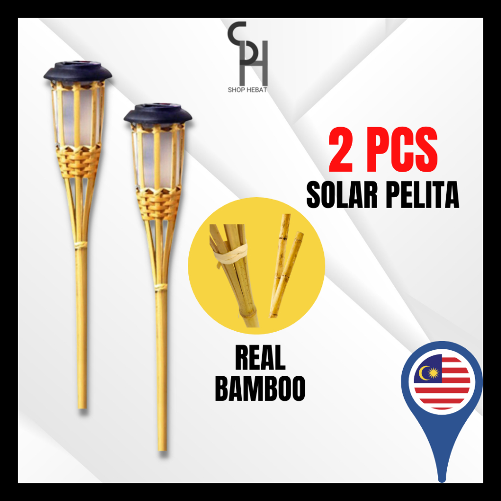 HEBAT 2PCS Lampu Pelita Raya LED Solar Bamboo Torch Light Flame Light ...