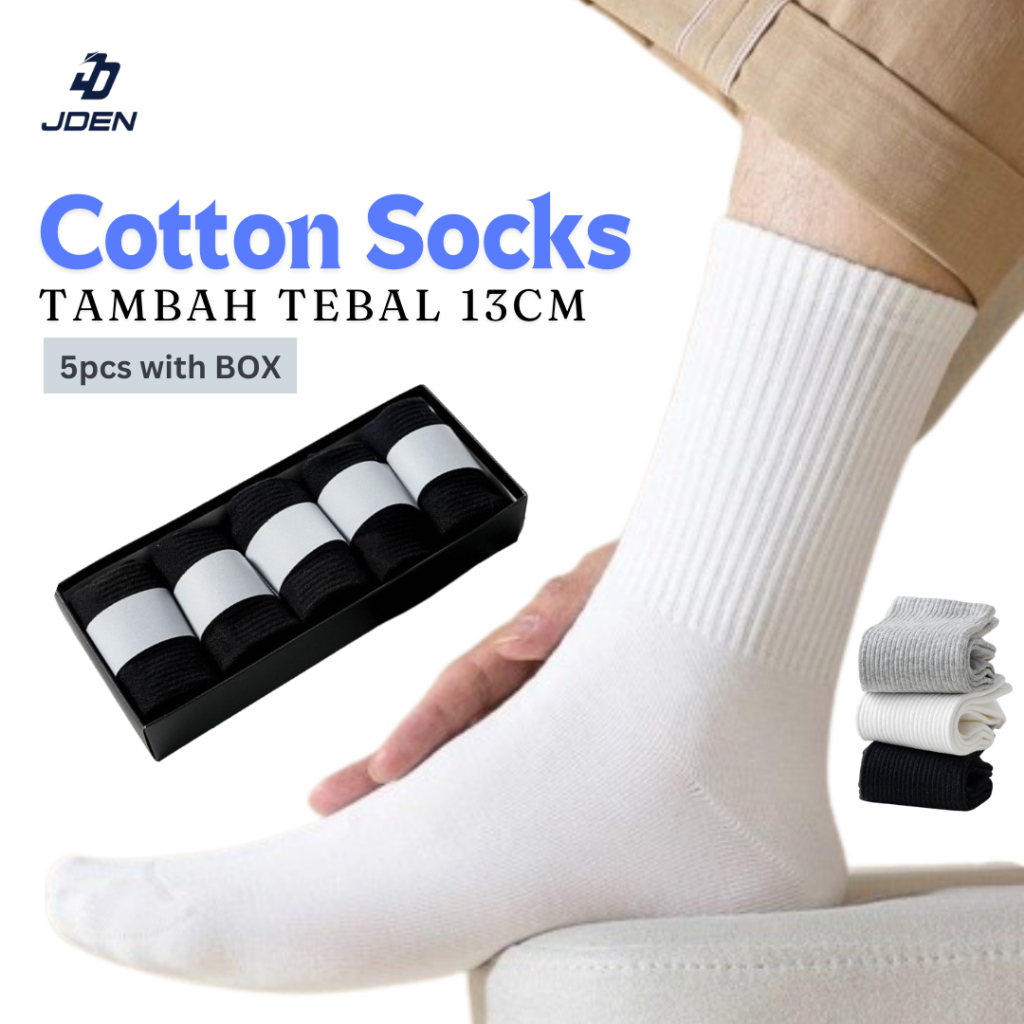 JDEN 5pcs Thick Cotton Plain Socks BOX 13CM Unisex Free Size Sport ...