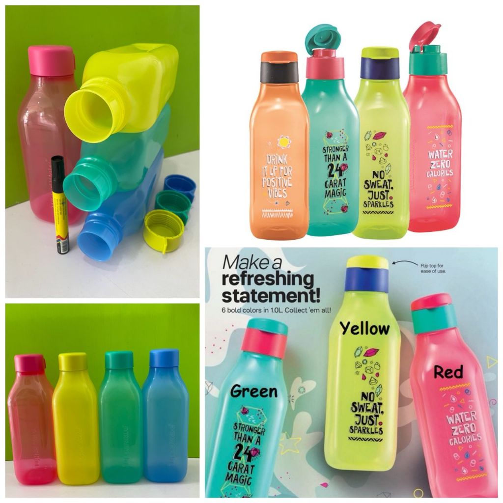 2128 Tupperware Eco Bottle Square 1L Fliptop Stay Positive Vibes/ Eco ...