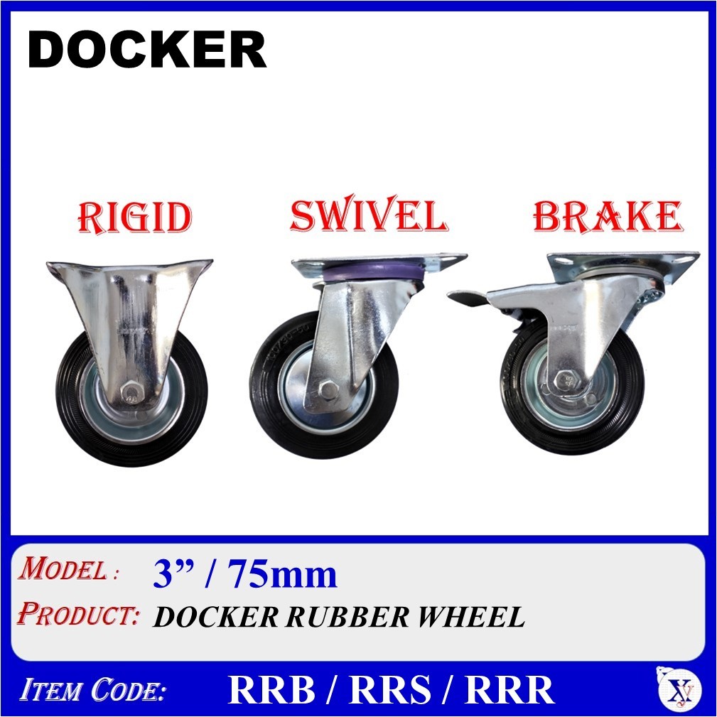 DOCKER 3"/75 x 22mm RUBBER WHEEL - RRS-SWIVEL, RRR-RIGID, RRB-BRAKE ...