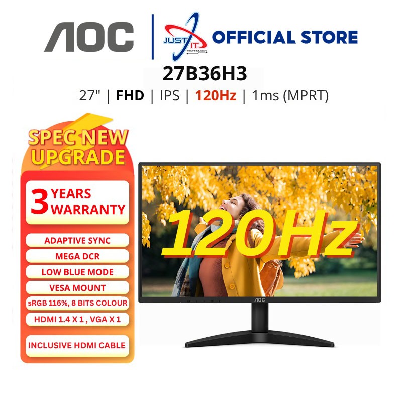 AOC 27B30H (100Hz) / 27B36H3 (120Hz) 27" MONITOR ( 27" IPS FHD / 1Ms ...