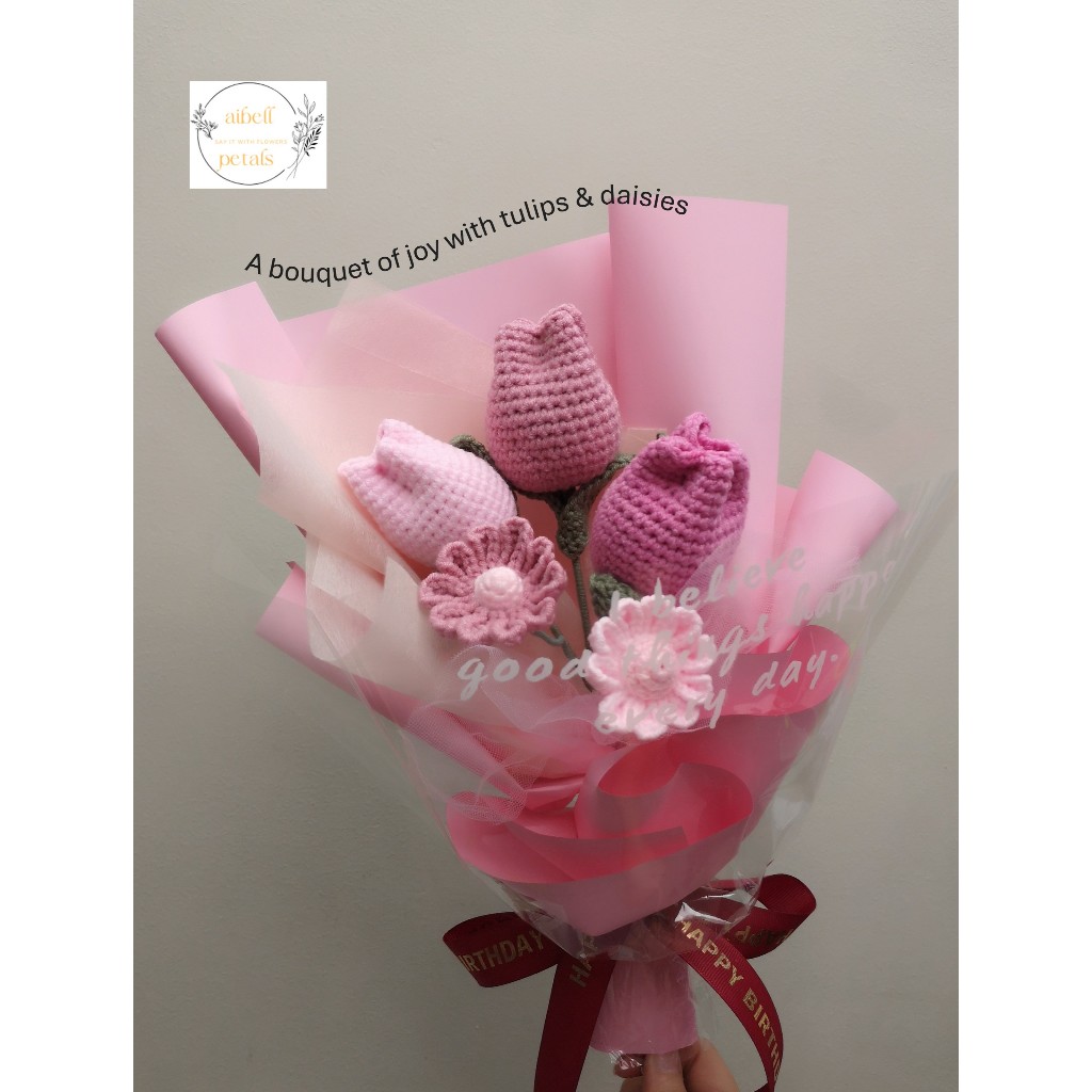 Crochet Flower Bouquet Tulip Daisy Graduation Birthday Valentine's Anniversary Congratulations ...