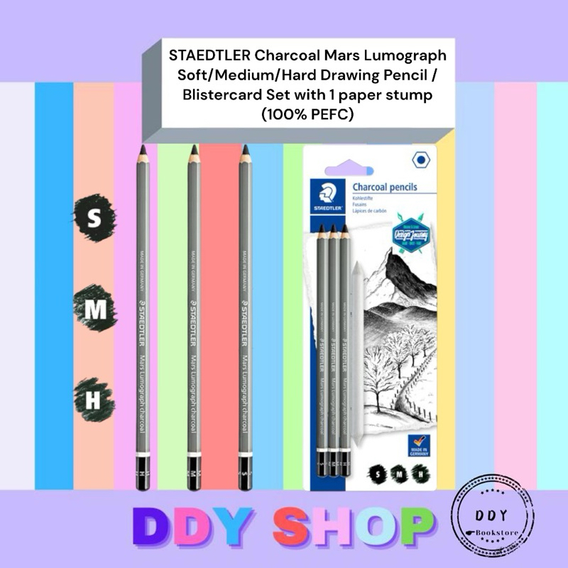 Staedtler Mars Lumograph Charcoal 100C Soft/Medium/Hard Drawing Pencil / Blistercard Set with 1 ...