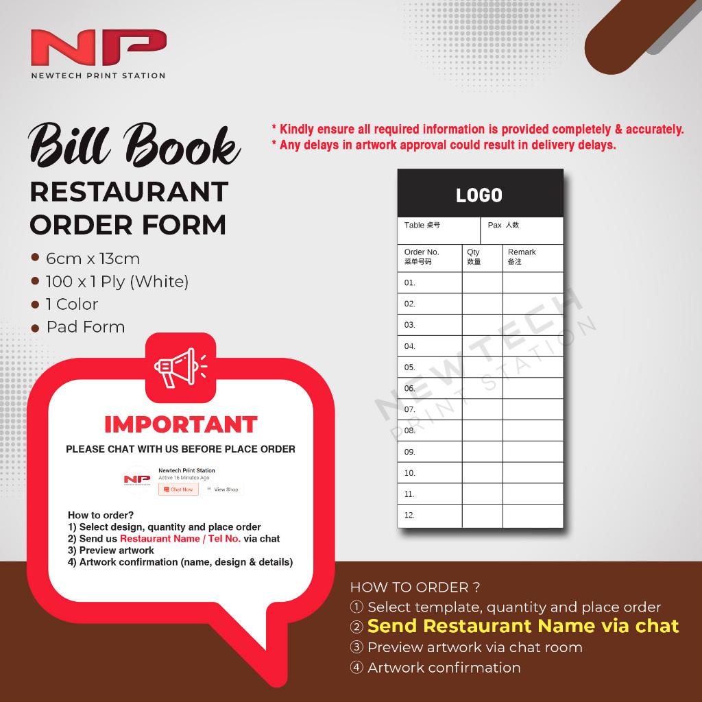 6CM X 13CM Order Chit / Restaurant Order Form / Kertas Menu Restoran ...