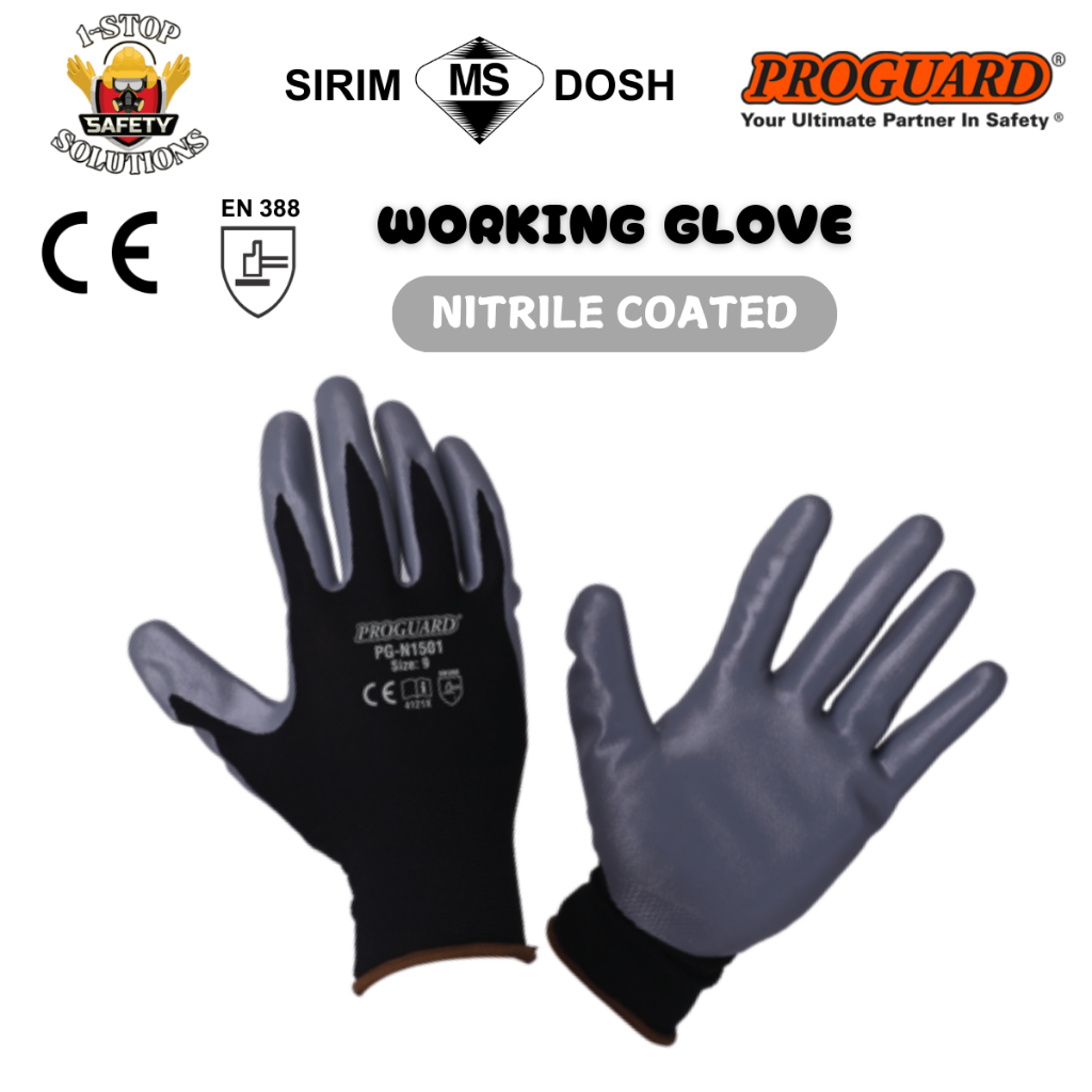 Proguard 15 Gauge Snug Fit Black Nylon Shell Grey Nitrile Coated Glove ...