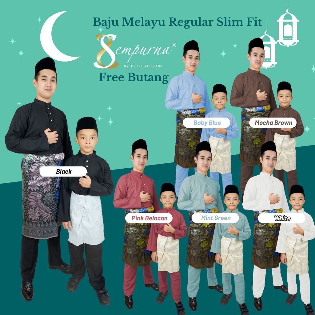 PG2 BAJU MELAYU BUDAK & DEWASA SLIM FIT WARNA Black Baby Blue Mocha ...