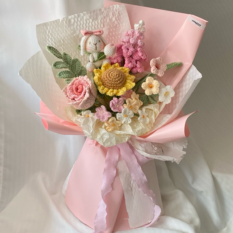 Crochet Graduation Bouquet with rabbit keychain Handmade sunflower Hand ...