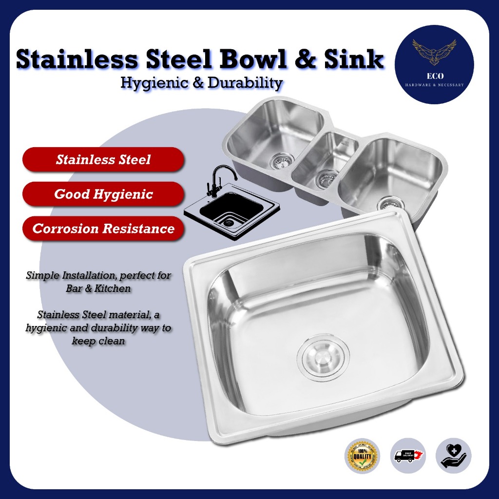 Stainless Steel Single Double Bowl Kitchen Sink Sinki Dapur Top Mount ...