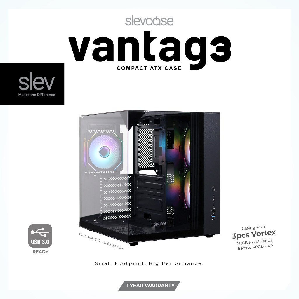 Slevcase Vantage Luxury Compact ATX Case (Casing with 3pcs Vortex ARGB ...
