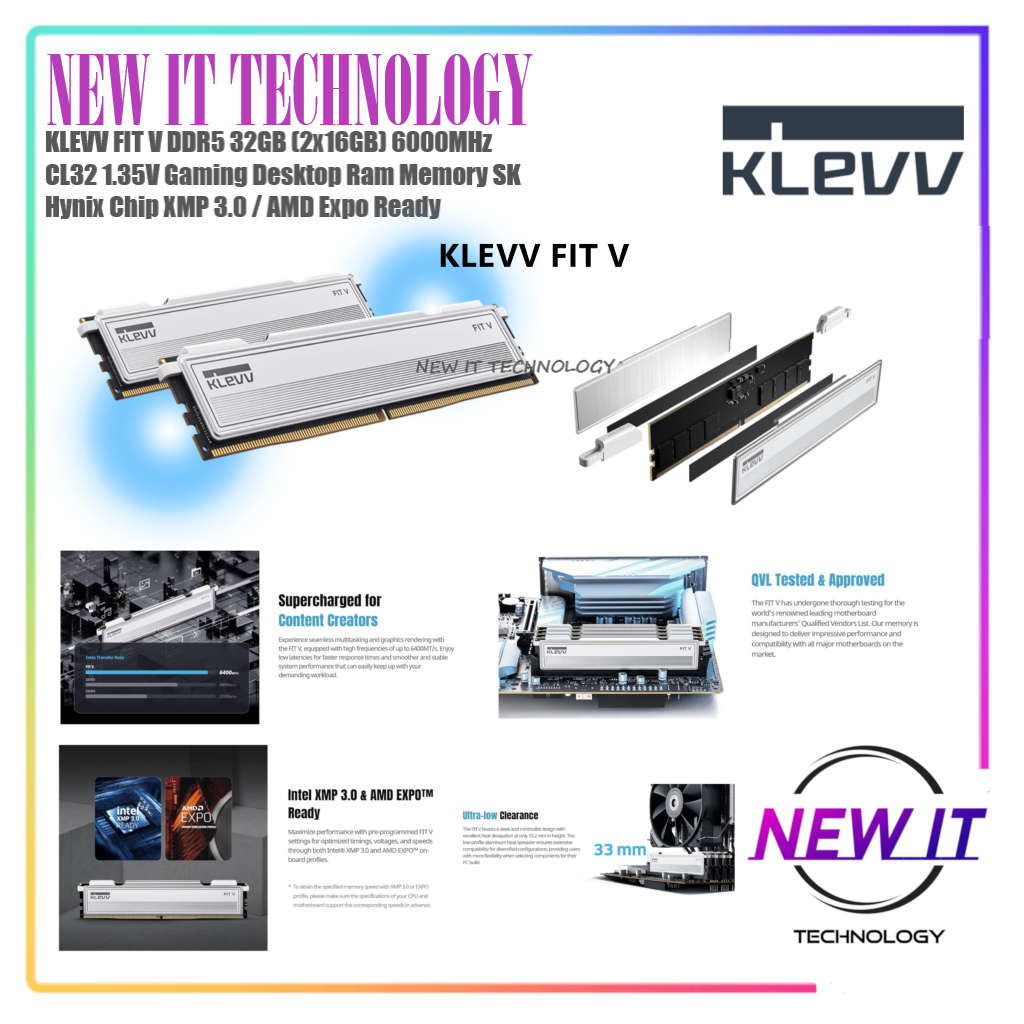 KLEVV FIT V DDR5 32GB (2x16GB) 6000MHz CL28 & CL30 & CL32 1.35V Gaming ...