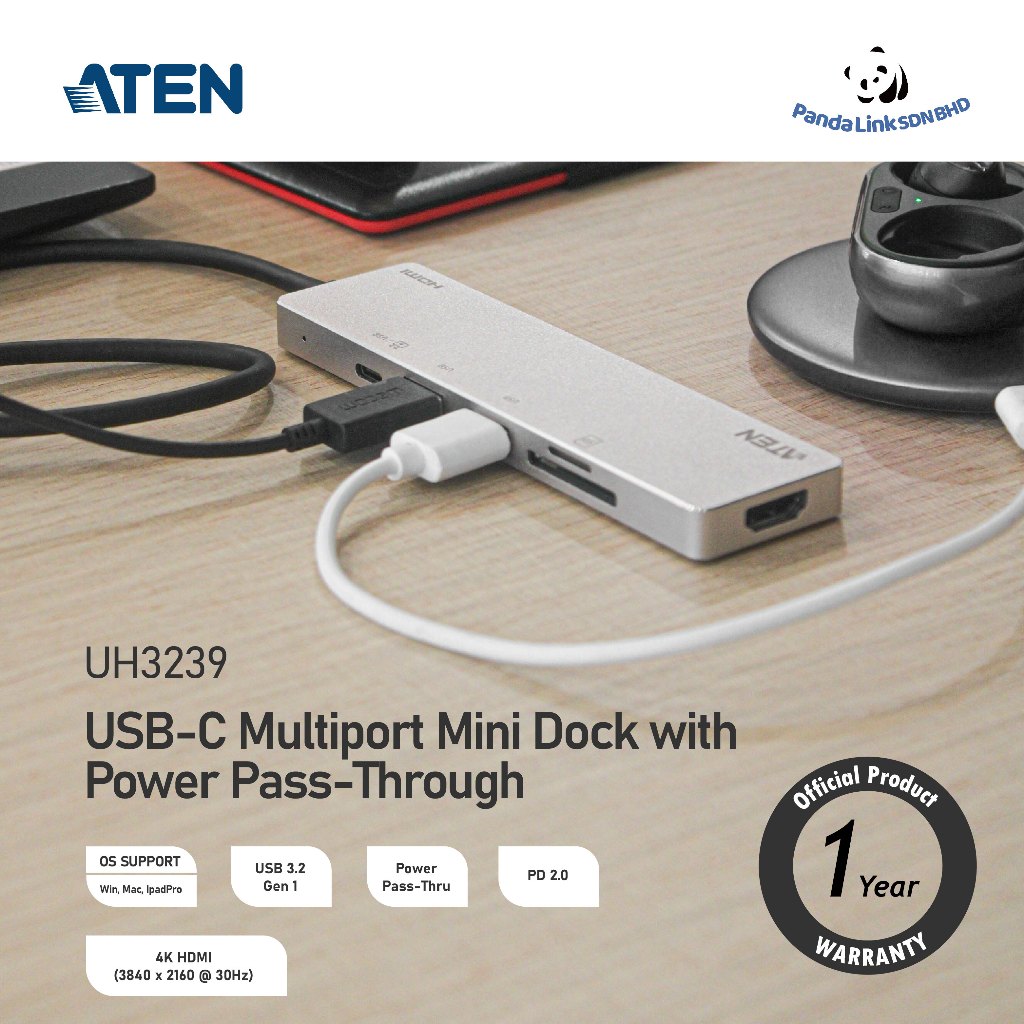 ATEN Docking Station USB-C to HDMI USB 3.2 SDcard MicroSDcard slot Mini ...